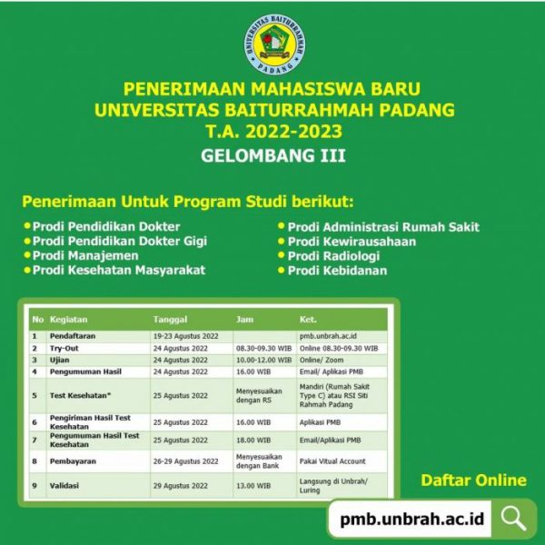 Informasi Penerimaaan Mahasiswa Baru Universitas Baiturrahmah T.A. 2022 – 2023 Gelombang III ...