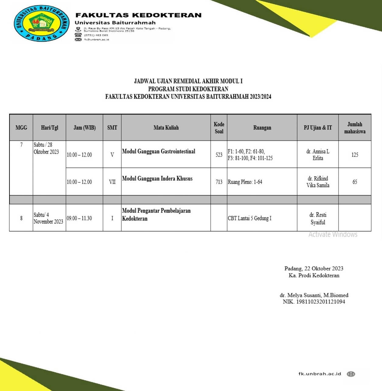Jadwal Ujian Remedial Modul 1 – Fakultas Kedokteran