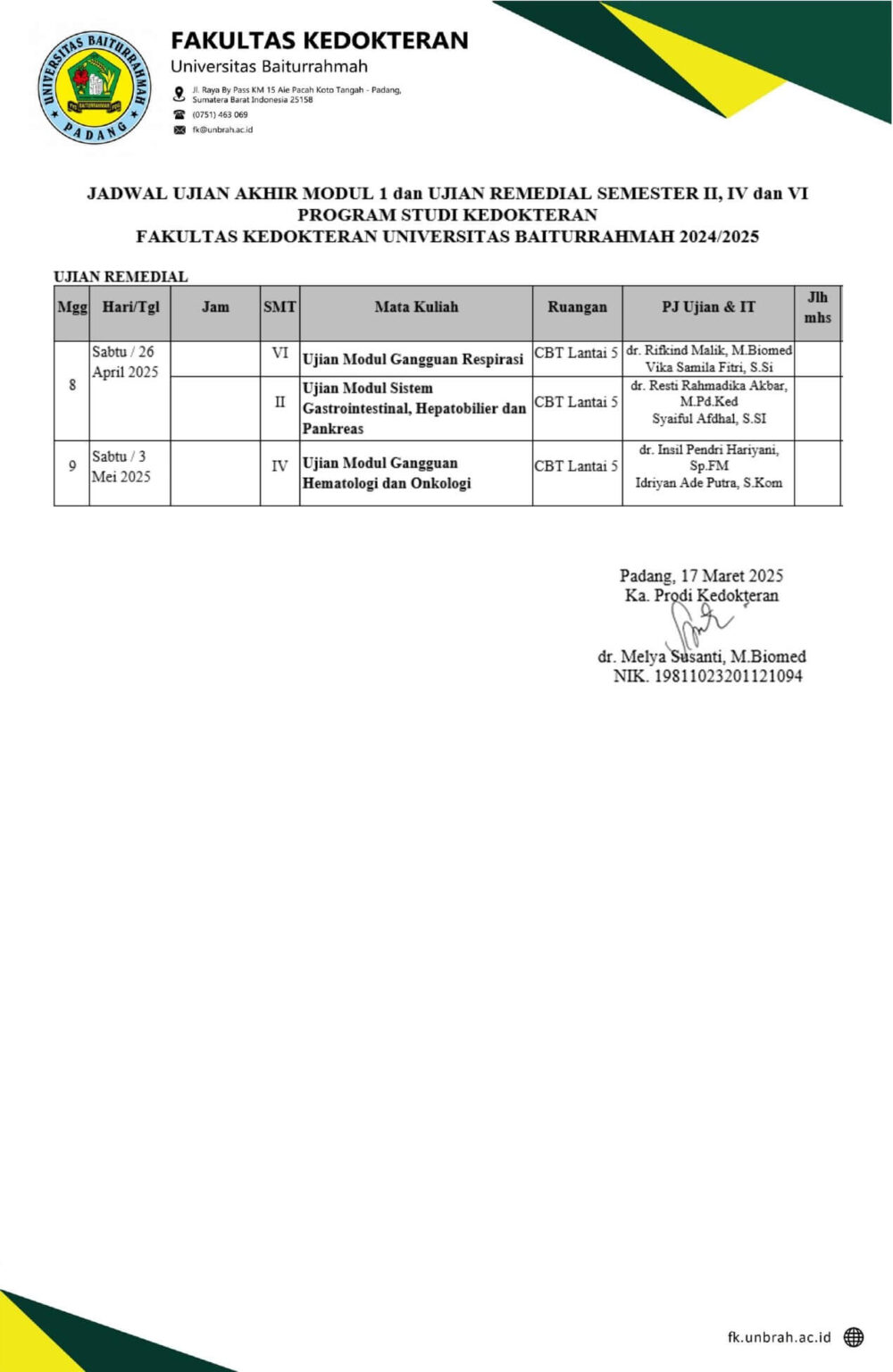 Jadwal Ujian Akhir Modul 1 dan Ujian Remedial Semester II,IV dan VI ...